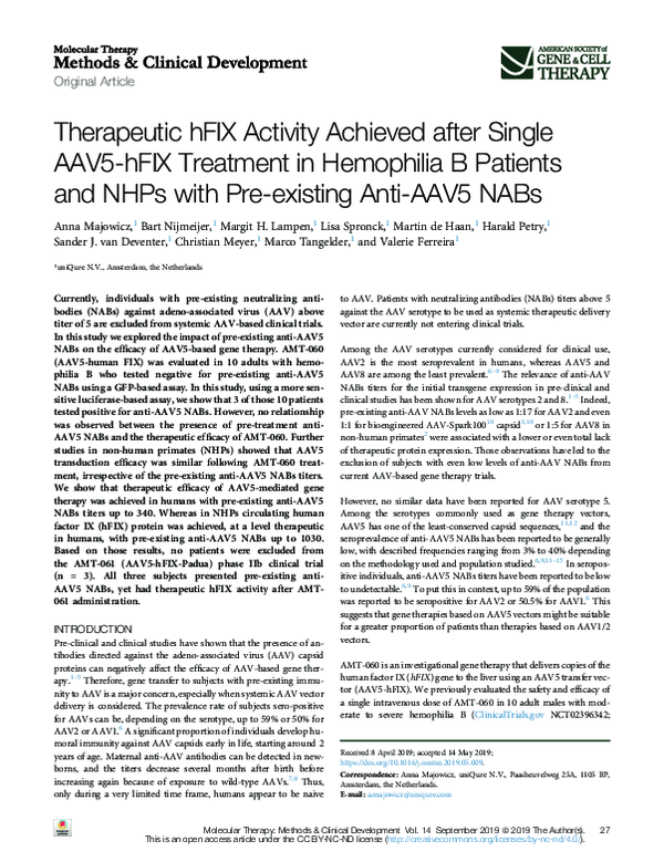 (PDF) Therapeutic hFIX Activity Achieved after Single AAV5-hFIX ...