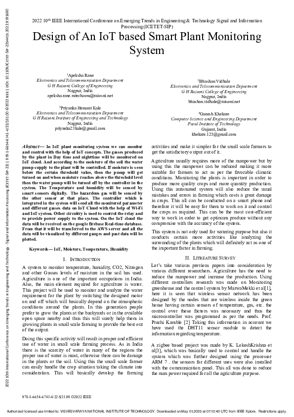 Pdf Design Of An Iot Based Smart Plant Monitoring System