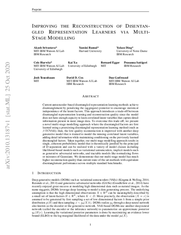 (PDF) Improving the Reconstruction of Disentangled Representation Learners via Multi-Stage Modelling
