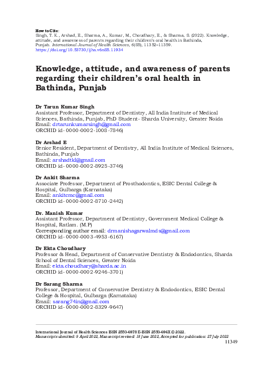 (PDF) Knowledge, attitude, and awareness of parents regarding their children’s oral health in ...
