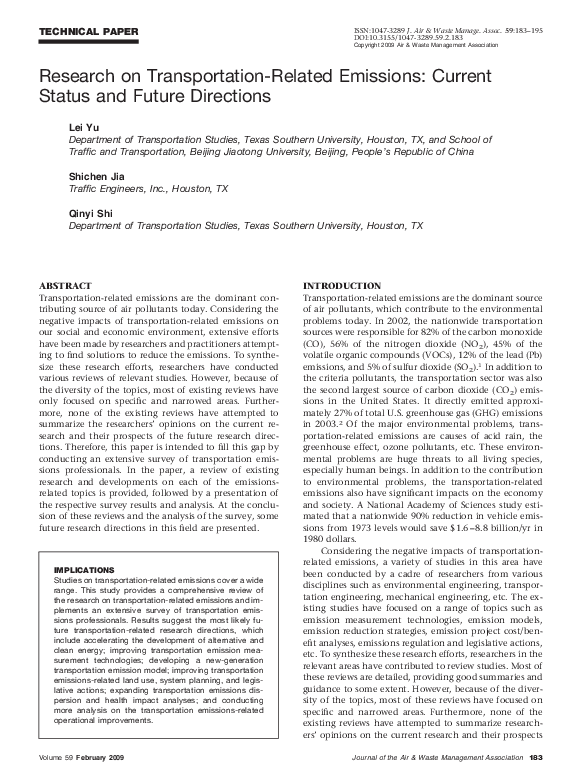 (PDF) Research on Transportation-Related Emissions: Current Status and ...