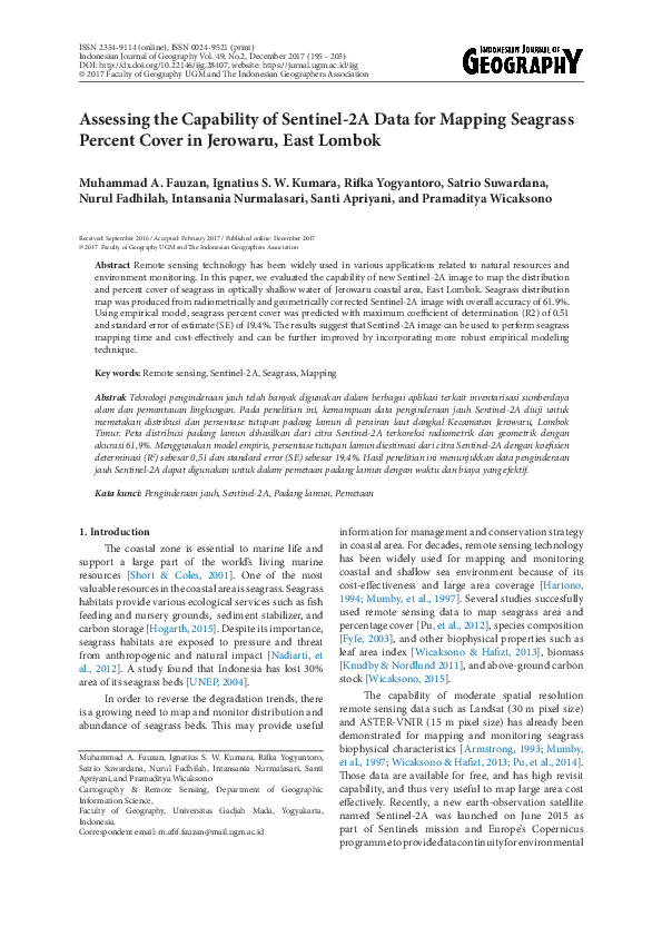 (PDF) Assessing the Capability of Sentinel-2A Data for Mapping Seagrass Percent Cover in ...