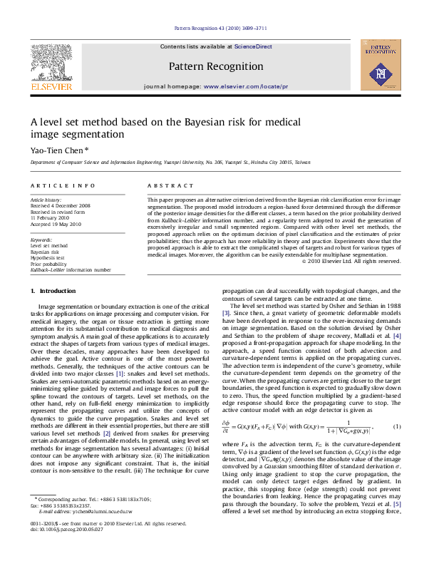 Pdf A Level Set Method Based On The Bayesian Risk For Medical Image Segmentation Yao Tien