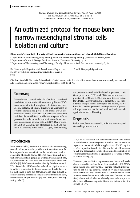 (PDF) Optimized Isolation and Culture of Mouse Bone Marrow MSCs