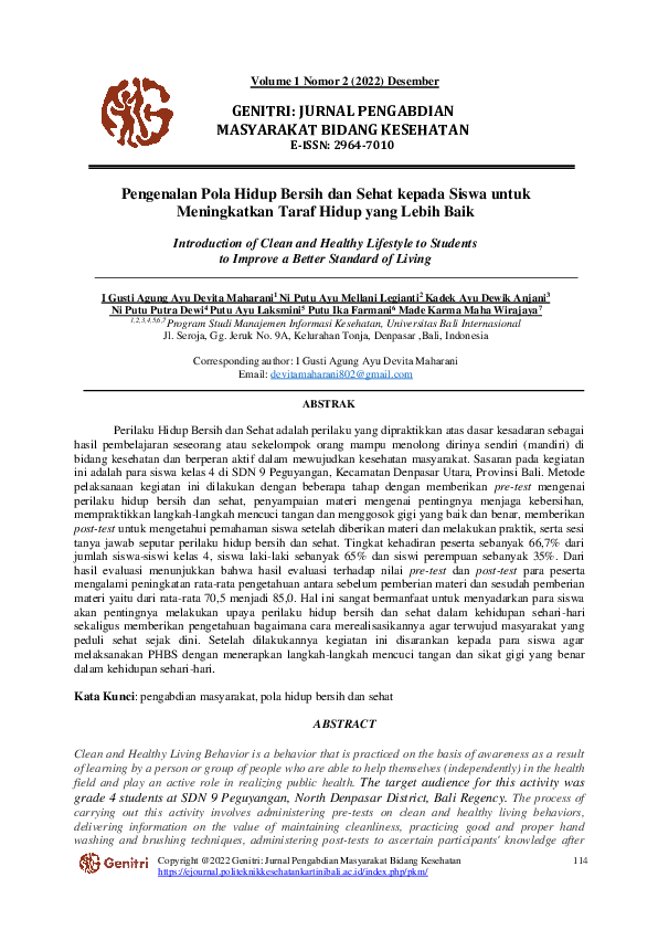 (PDF) Pengenalan Pola Hidup Bersih dan Sehat kepada Siswa untuk ...