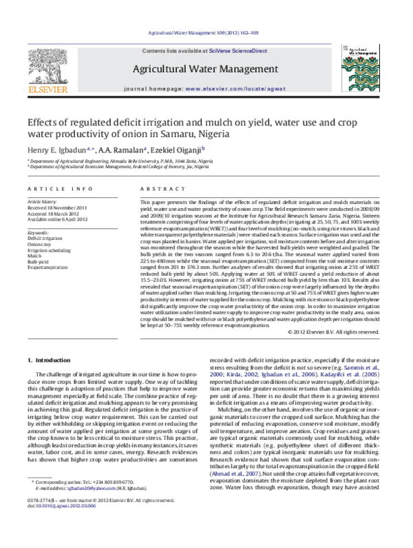 (PDF) Effects of regulated deficit irrigation and mulch on yield, water use and crop water ...