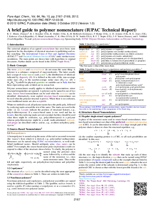 (PDF) A brief guide to polymer nomenclature (IUPAC Technical Report)