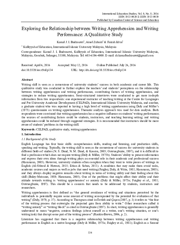 (PDF) Exploring the Relationship between Writing Apprehension and ... (PDF) Exploring the Relationship between Writing Apprehension and ...