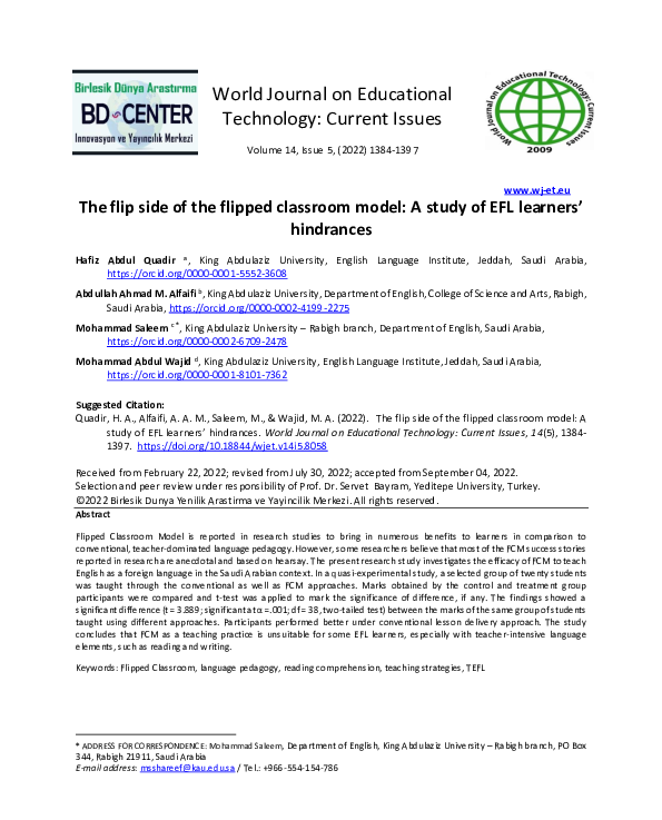 (PDF) The flip side of the flipped classroom model: A study of EFL learners’ hindrances
