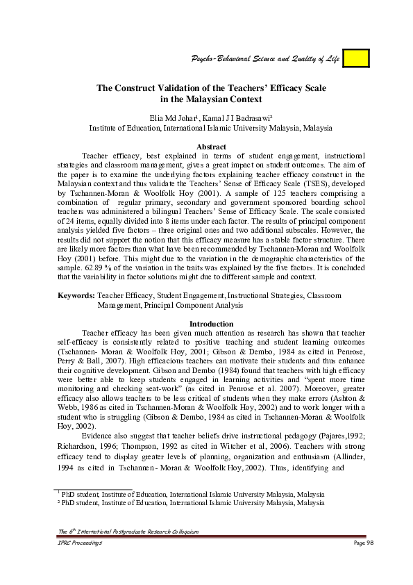 (PDF) The Construct Validation of the Teachers ’ Efficacy Scale in the Malaysian Context | kamal ...