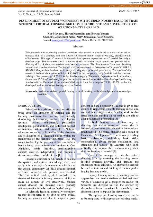 (PDF) Development of Student Worksheet with Guided Inquiry-Based to ...