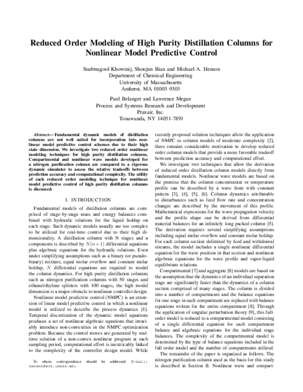 (PDF) Reduced order modeling of high purity distillation columns for nonlinear model predictive ...