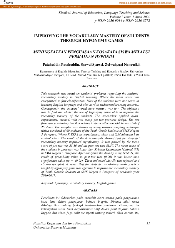 Pdf Improving The Vocabulary Mastery Of Students Through Hyponymy Games