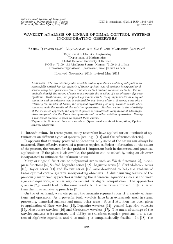 (PDF) Wavelet Analysis of Linear Optimal Control Systems Incorporating Observers