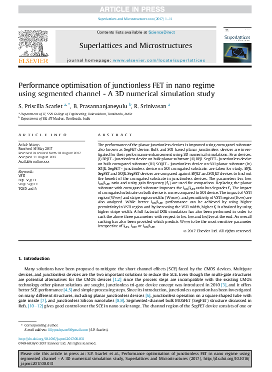(PDF) Performance optimisation of junctionless FET in nano regime using segmented channel - A 3D ...