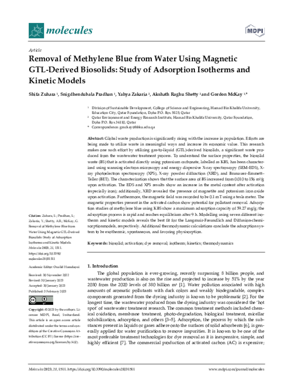 (PDF) Removal of Methylene Blue from Water Using Magnetic GTL-Derived Biosolids: Study of ...
