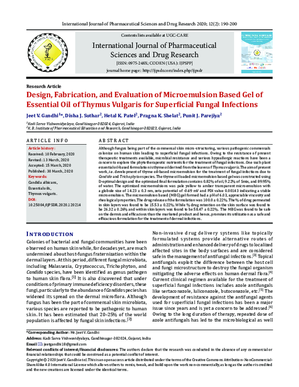 Pdf Design Fabrication And Evaluation Of Microemulsion Based Gel Of Essential Oil Of Thymus