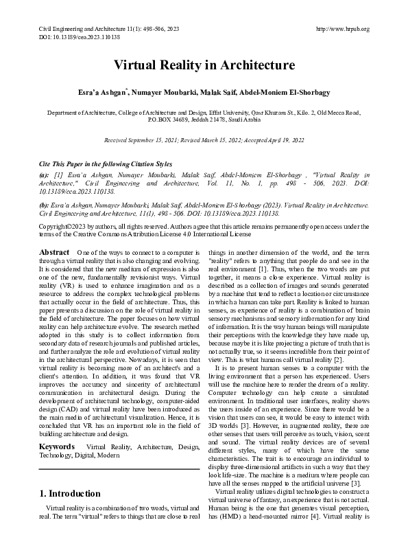 (PDF) Virtual Reality in Architecture