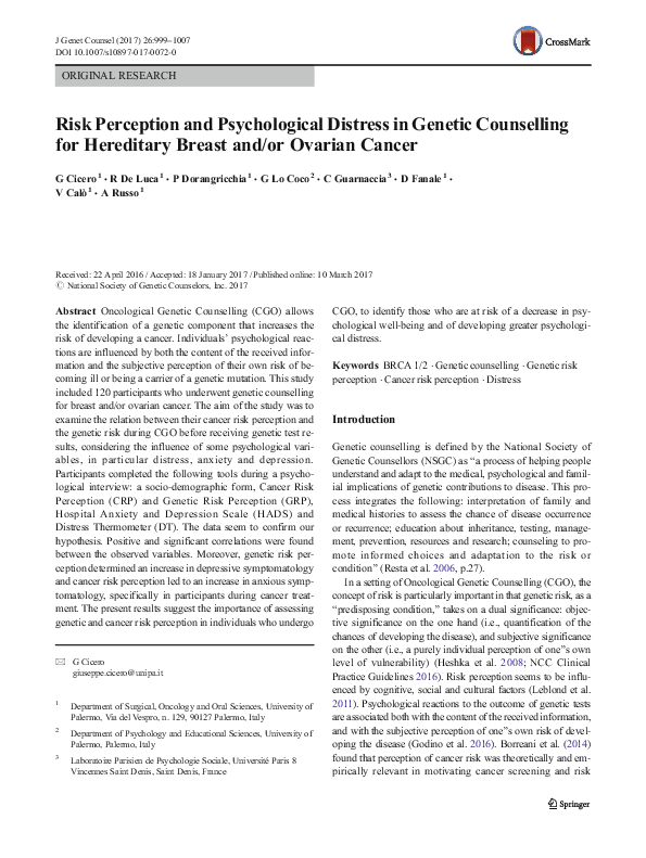 (PDF) Risk Perception and Psychological Distress in Genetic Counselling ...