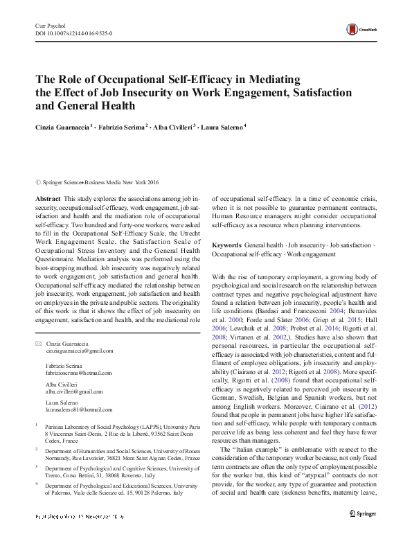 (PDF) The Role of Occupational Self-Efficacy in Mediating the Effect of Job Insecurity on Work ...