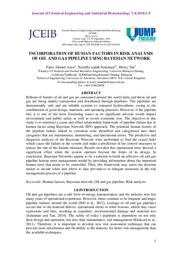 (PDF) Incorporation of Human Factors in Risk Analysis of Oil and Gas Pipeline Using Bayesian Network