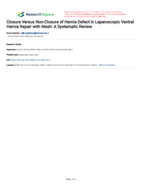 (PDF) Closure Versus Non-Closure of Hernia Defect in Laparoscopic Ventral Hernia Repair with ...