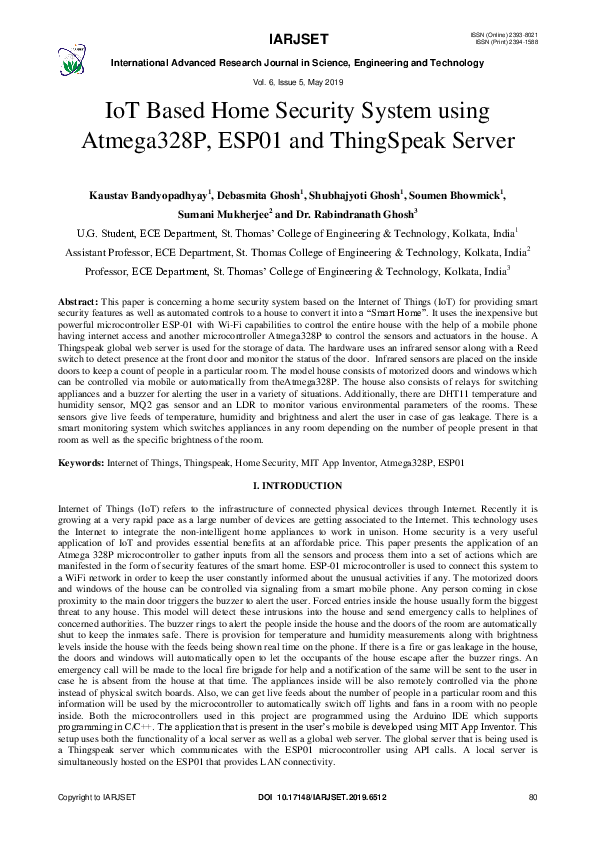 Pdf Iot Based Home Security System Using Atmega328p Esp01 And