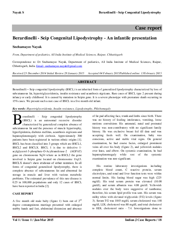 (PDF) Berardinelli - Seip Congenital Lipodystrophy - an Infantile ...