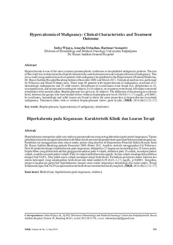 (PDF) Hypercalcemia of Malignancy: Clinical Characteristics and Treatment Outcome | Indra Wijaya ...