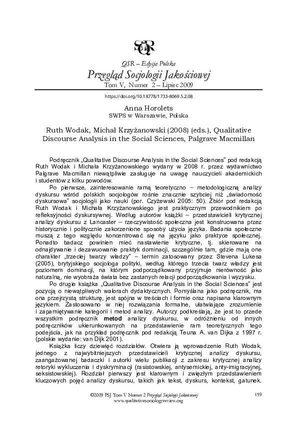 (PDF) Ruth Wodak, Michał Krzyżanowski (2008) (eds.), “Qualitative ...