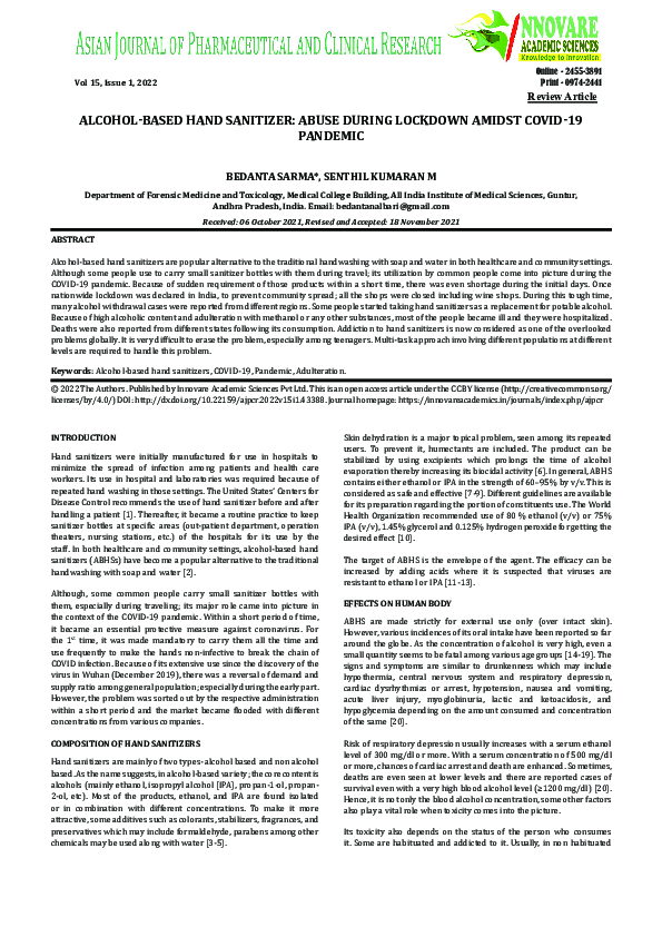 (PDF) ALCOHOL-BASED HAND SANITIZER: ABUSE DURING LOCKDOWN AMIDST COVID ...