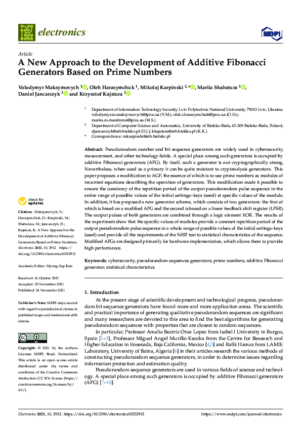 (PDF) A New Approach to the Development of Additive Fibonacci Generators Based on Prime Numbers