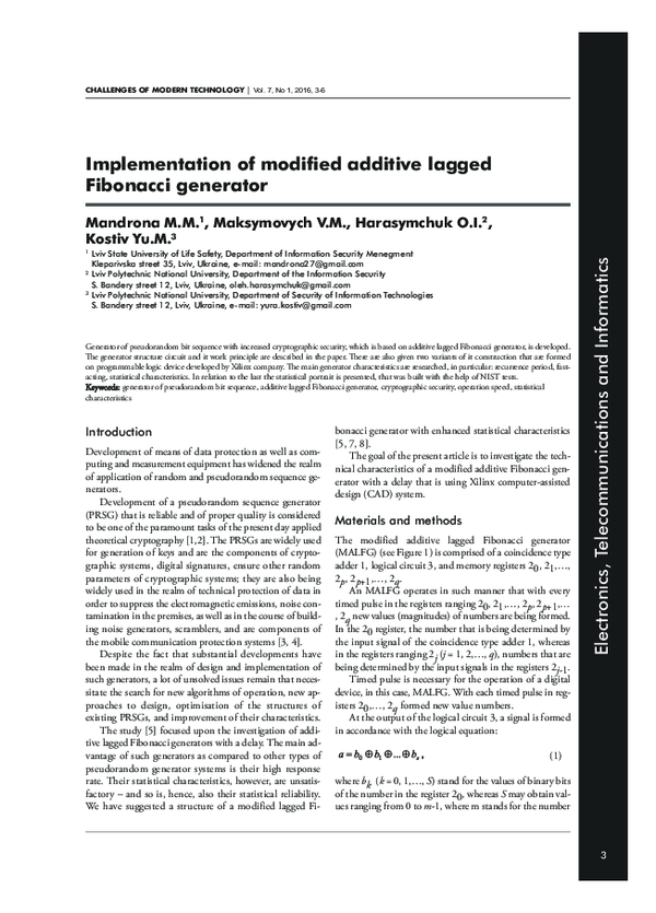 (PDF) Implementation of modified additive lagged Fibonacci generator