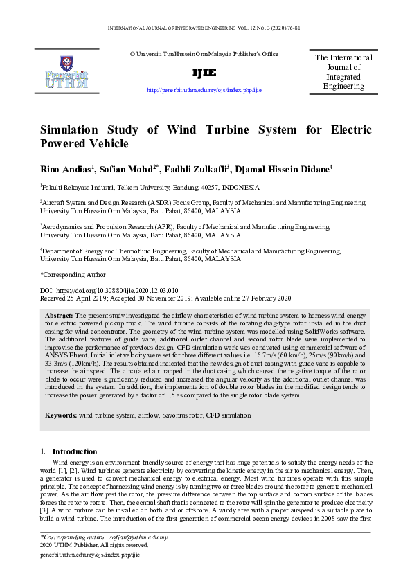 (PDF) Simulation Study of Wind Turbine System for Electric Powered Vehicle