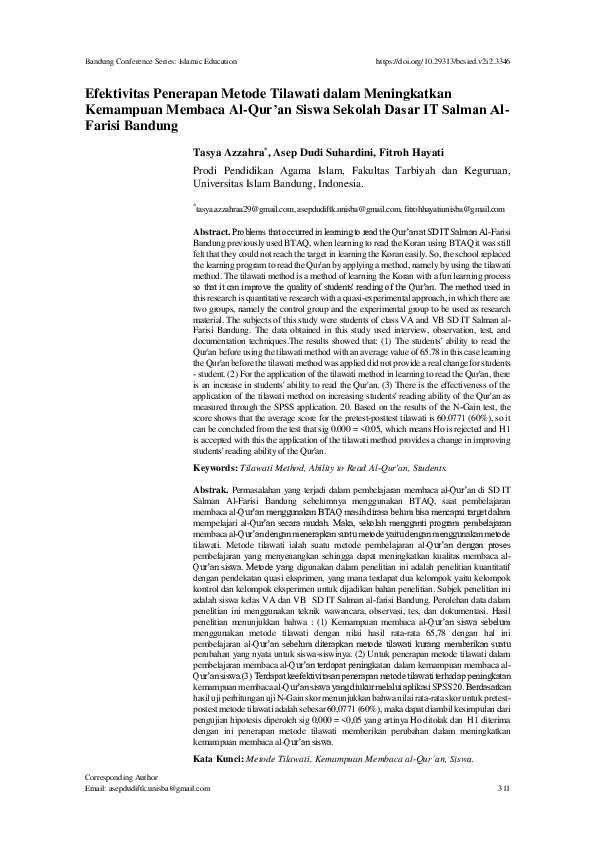 (PDF) Efektivitas Penerapan Metode Tilawati dalam Meningkatkan Kemampuan Membaca Al-Qur’an Siswa ...