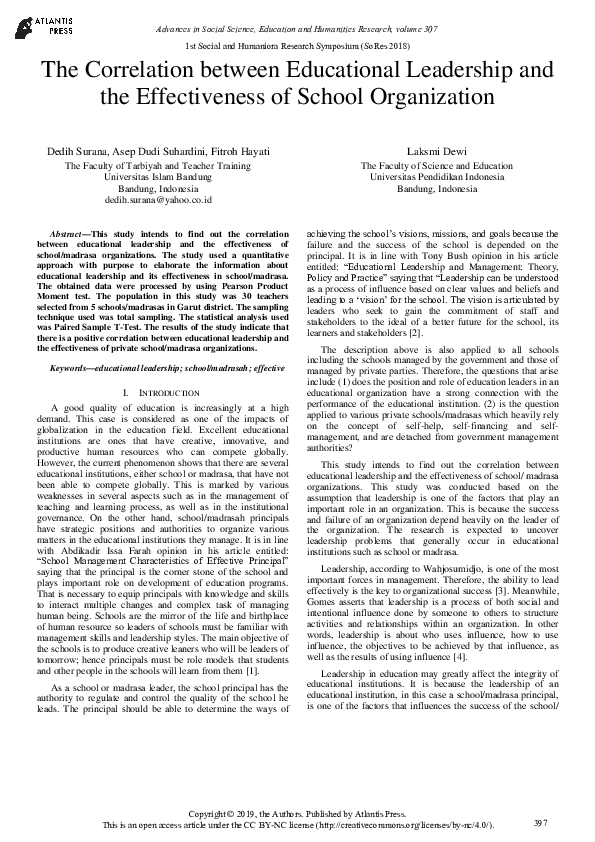 (PDF) The Correlation between Educational Leadership and the Effectiveness of School Organization