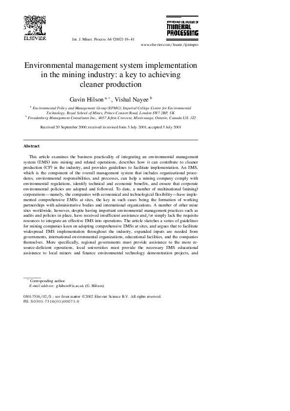 (PDF) Environmental management system implementation in the mining ...