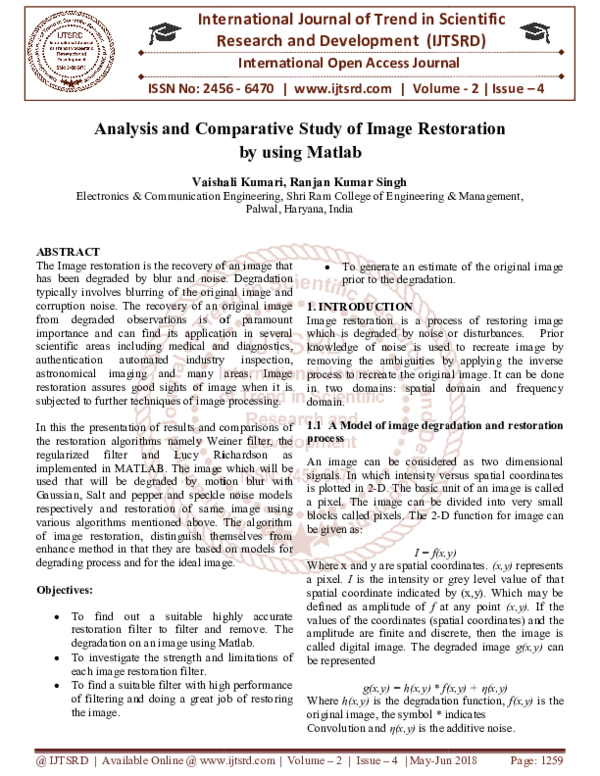 (PDF) Analysis and Comparative Study of Image Restoration by using Matlab