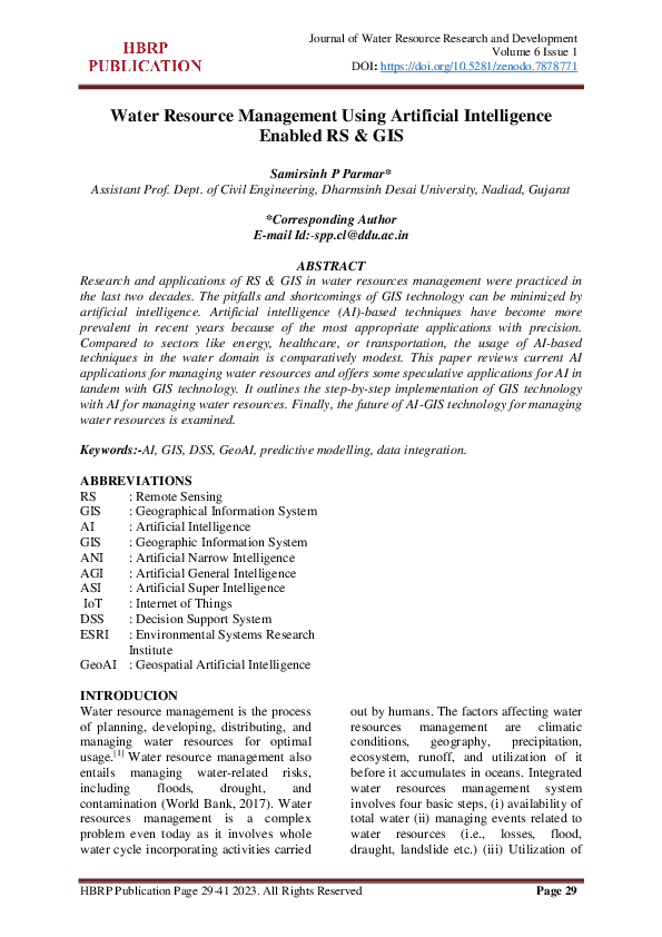 (PDF) Water Resource Management Using Artificial Intelligence Enabled RS & GIS