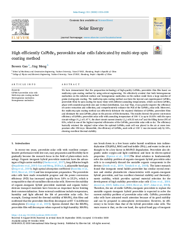 (PDF) High efficiently CsPbBr3 perovskite solar cells fabricated by multi-step spin coating method