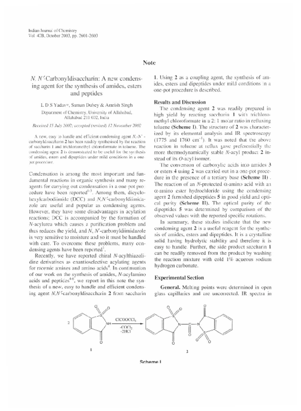 (PDF) N,N′-Carbonyldisaccharin: A New Condensing Agent for the Synthesis of Amides, Esters and ...
