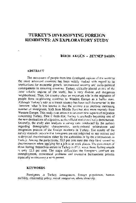 (PDF) Turkey's Diversifying Foreign Residents : An Exploratory Study