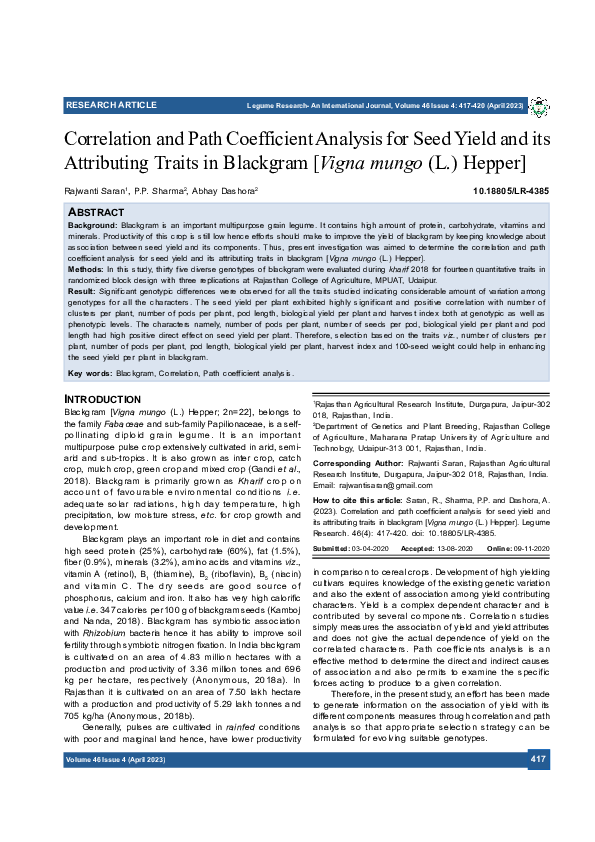 Pdf Correlation And Path Coefficient Analysis For Seed Yield And Its Attributing Traits In