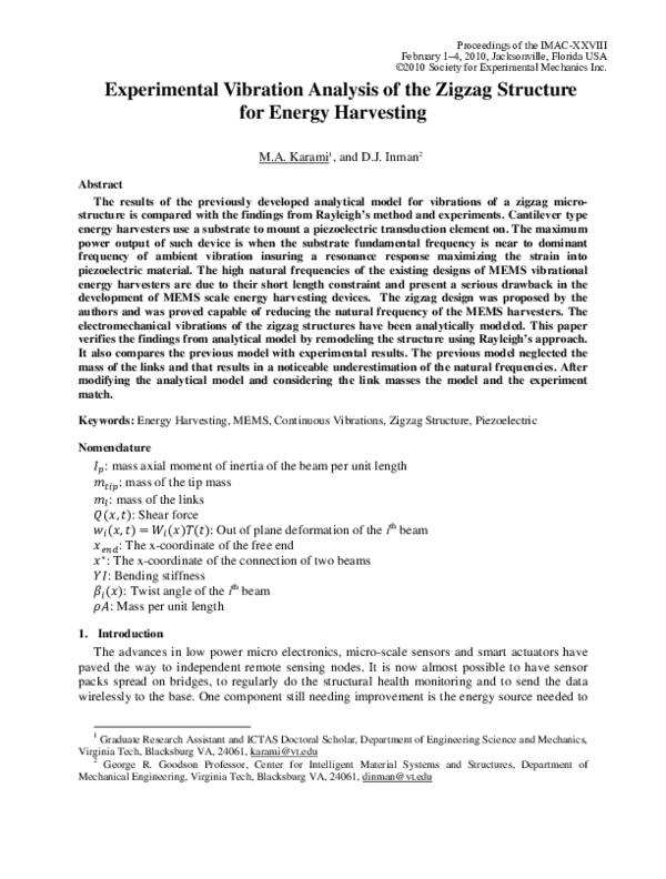 (PDF) Experimental Vibration Analysis of the Zigzag Structure for Energy Harvesting