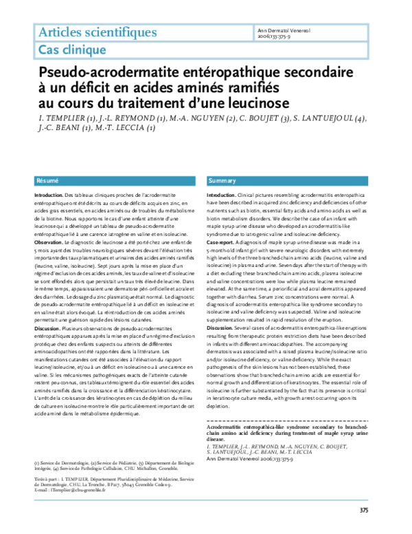 (PDF) Pseudo-acrodermatite entéropathique secondaire à un déficit en ...