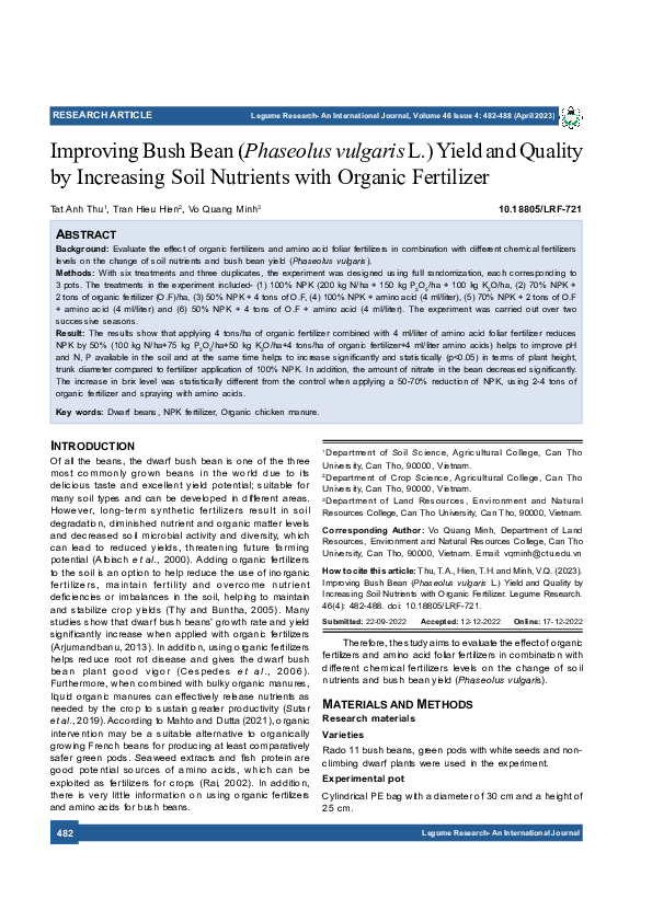 (PDF) Improving Bush Bean (Phaseolus vulgaris L.) Yield and Quality by Increasing Soil Nutrients ...