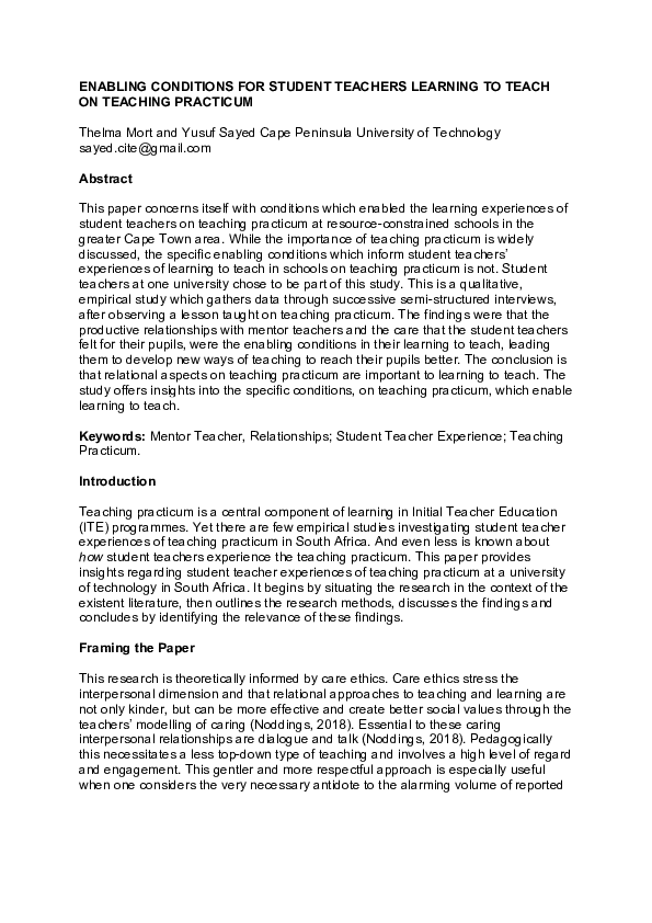 (PDF) ENABLING CONDITIONS FOR STUDENT TEACHERS LEARNING TO TEACH ON ...