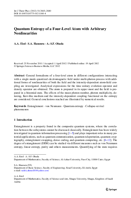 (PDF) Quantum Entropy of a Four-Level Atom with Arbitrary Nonlinearities