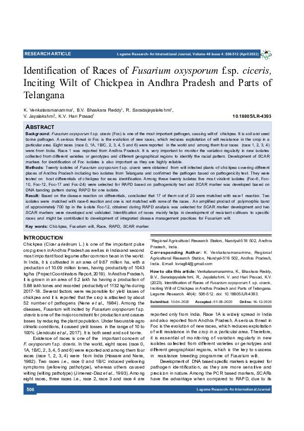 Pdf Identification Of Races Of Fusarium Oxysporum F Sp Ciceris Inciting Wilt Of Chickpea In