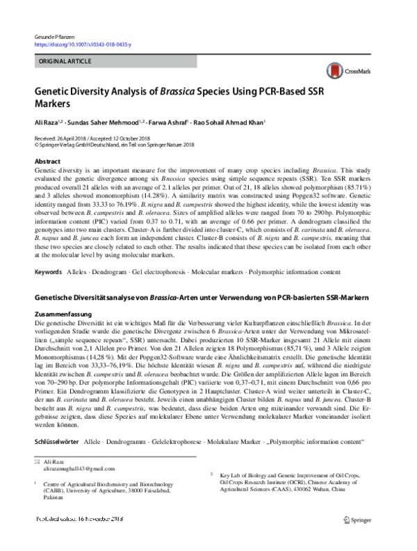 (PDF) Genetic Diversity Analysis of Brassica Species Using PCR-Based SSR Markers